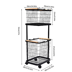 Rolling Laundry Bakset on Wheels, 2-Tier Metal Laundry Hamper Basket Butler Cart with 2 Removable Baskets and 4 Universal Wheels for Kitchen, Bathroom, Laundry Room