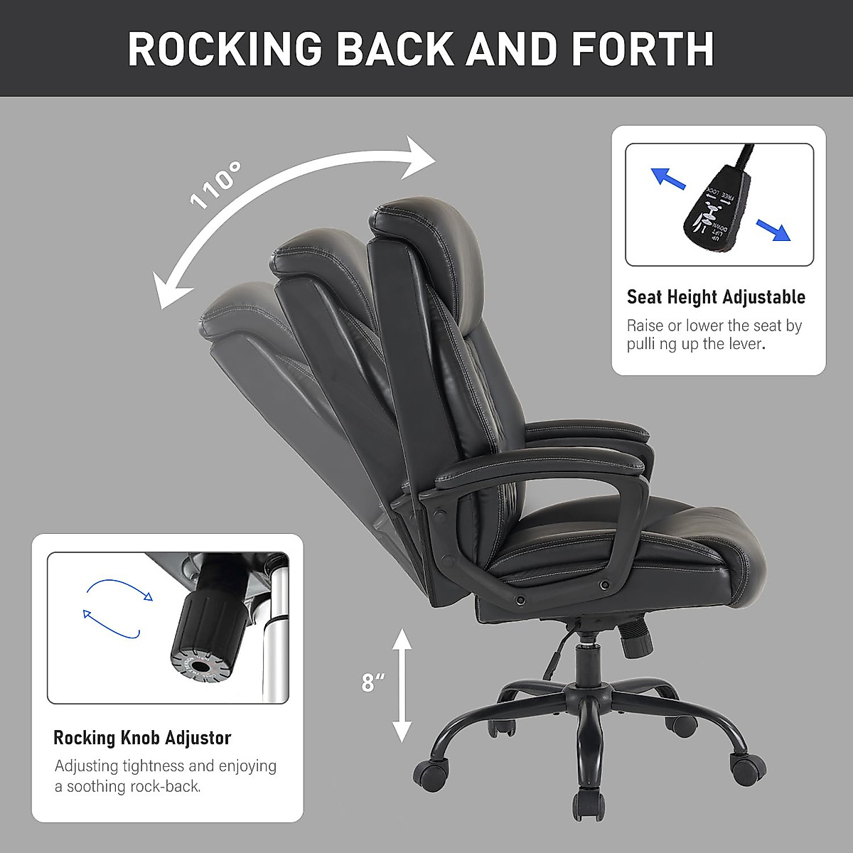 YEEFY High Back Executive Office Chair Ergonomic Desk Chair Rolling PU Leather Office Chair Heavy Duty Computer Chair Comfortable Home Office Desk Chairs with Wheels Arms Lumbar Support
