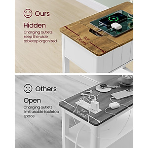 VASAGLE Side Table with Charging Station, End Table with USB Ports and Outlets, Nightstand with Storage, for Living Room, Bedroom, Modern Farmhouse Style, Rustic Walnut and White ULET318T14V1