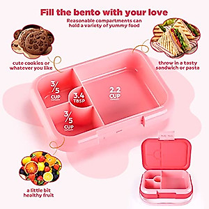 havinoo Bento Lunch Box for Kids, Girls, Boys, Toddlers, 3.7 Cups 4 Compartments Lunch Containers, Ideal Kids Lunch Box for Children, Microwave, Dishwasher, Freezer Safe, Leak-Proof, BPA-Free Pink