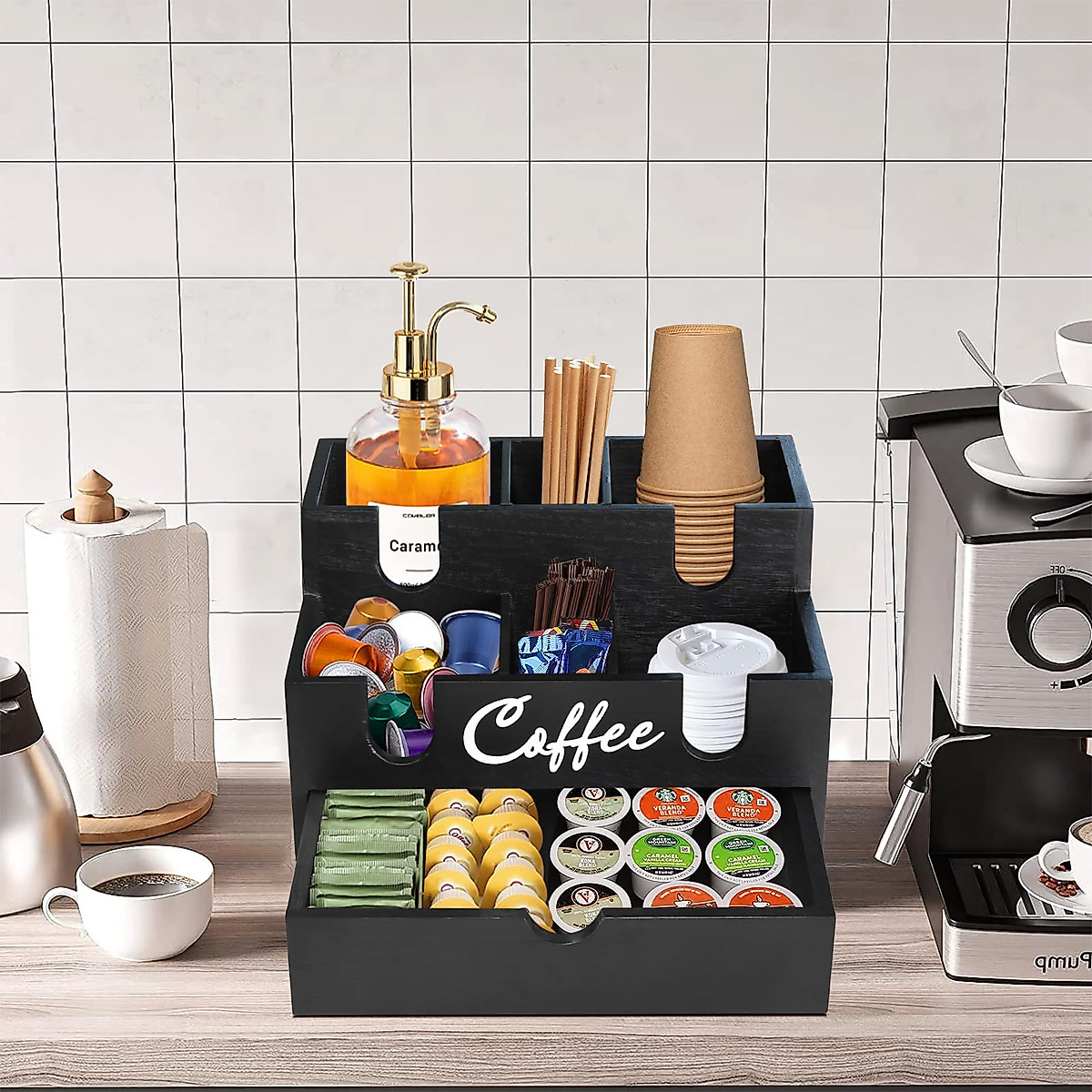 Disposable Coffee Cup Holder Dispenser with Drawer, 6 Compartments Coffee Bar Accessories Organizer for Cup Lid Sleeve Pods Syrup, Wood Coffee Station Organizer Paper Cup Dispenser
