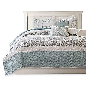 Madison Park 100% Cotton Quilt Set Floral Print, Double Sided Stitching, All Season, Lightweight Coverlet Shabby Chic Bedding Layer, Matching Shams, King/Cal King, Light Teal 6 Piece