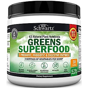 Super Greens Superfood Powder - Greens Powder with Probiotics Prebiotics Digestive Enzymes and 43 Green Superfoods - Chlorophyll Bilberry Chlorella Spirulina Grass - Tastes Amazing - 30 Servings