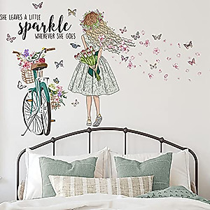 Prabahdak DIY Fairy Girl Bicycle Wall Stickers Flower Butterflies Wall Decals Removable Sparkle Girl Vinyl Wall Art for Girls Baby Nursery Bedroom Living Room