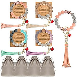 4 Pcs Silicone Key Ring Bracelet for Women Teacher Gifts Teacher Appreciation Beaded Wristlet Keychain Teacher Keychains with Tassel Portable Wristlet Bangle Keyring Holder, End of Year Teacher Gifts