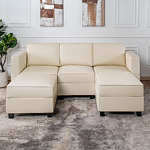Naomi Home Sarah Modular Sectional Sofa with Double Chaise Air Leather U Shaped Sofa Reversible Sectional Couch with Storage - Beige