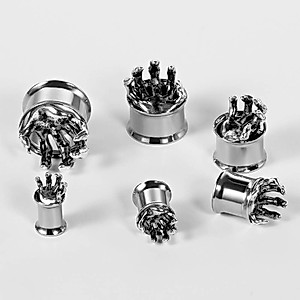TBOSEN 2pcs Silver Cool Punk Rock Skeleton Skull Hand Bone Gauges For Ears Single Flared Ear Plugs And Tunnels 2g T 1 inch