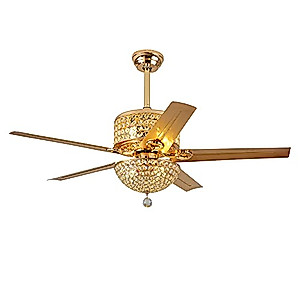 52 Inch Modern Luxurious Crystal Fan Chandelier Reversible Silent Ceiling Fan Light Three Wind Speed Adjustable with Remote Control 5 Blades Decorative Fan Light Fixture Bedroom Living Room(Gold）
