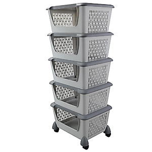 Farmoon 5 Pack Plastic Stackable Storage Baskets, Grey Plastic Stacking Baskets with Wheels