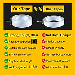 CZoffpro Double Sided Tape Heavy Duty - Clear Mounting Tape Adhesive Tape Two Sided Tape, Transparent Strong Tape Removable Double Stick Tape Wall Strips Picture Carpet Tape, 1.18" x 40"