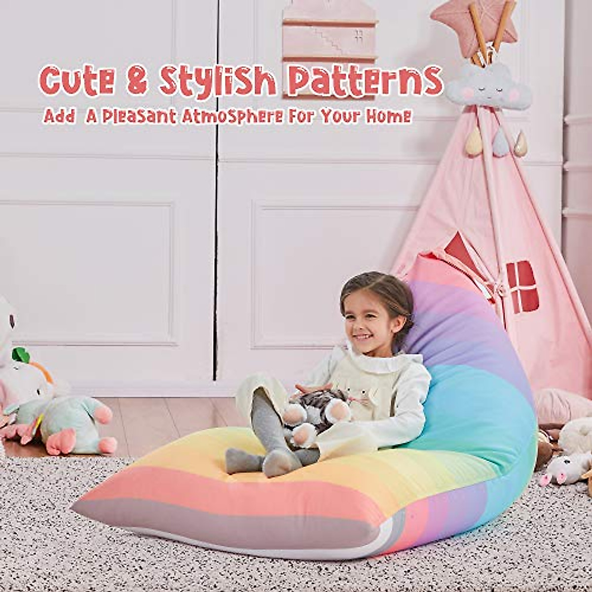Nobildonna Stuffed Animal Storage Bean Bag Chair Cover Only for Kids and Adults, Extra Large Beanbag Without Filling Plush Toys Holder and Organizer- Premium Canvas 250L (Rainbow)
