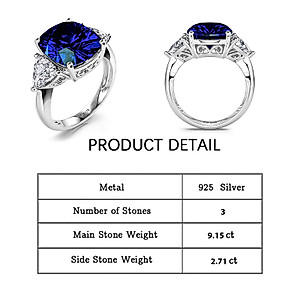 Jeulia Cushion Cut Gemstone Three Stone Ring: Sterling Silver Blue Simulated Sapphire Women's Engagement Ring Wedding Anniversary Christmas Birthday with Jewelry Gift Box (Sapphire, 8)