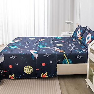 Megamayga Space Sheets Twin Size for Boys Kids 4 Pieces Outer Space Bed Sheets 3D Space Rocket Planets Bedding Set for Teens Boys Space Theme Bedding Set with 1 Fitted Sheet 1 Flat Sheet 2 Pillowcases