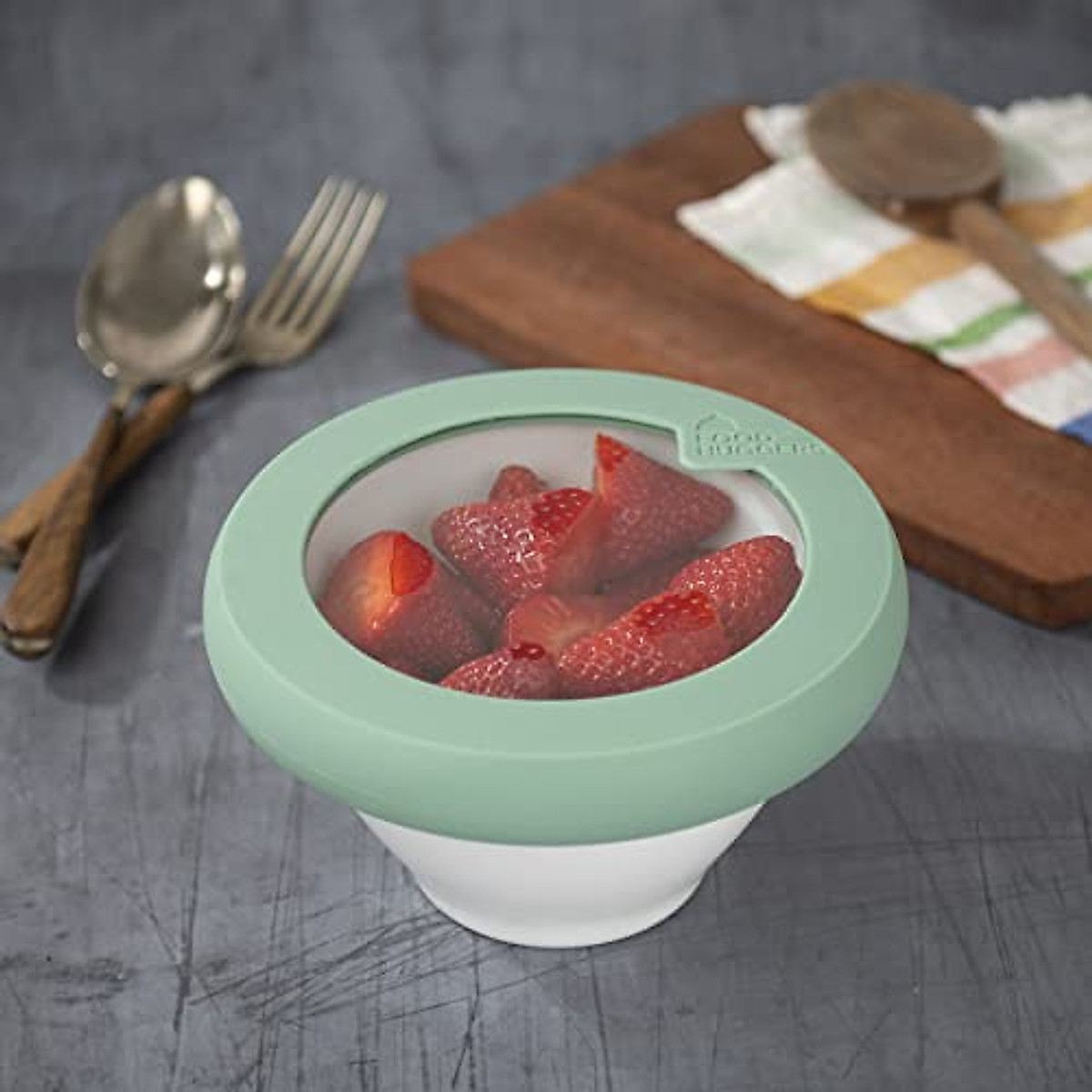 Food Huggers Replacement Lids for Glass Storage Containers | Silicone & Glass Lids that Don’t Crack | Fits Round Container Brands & Bowls | 100% Plastic Free | 3 Lid Set (XS,S,M), Gradual Green