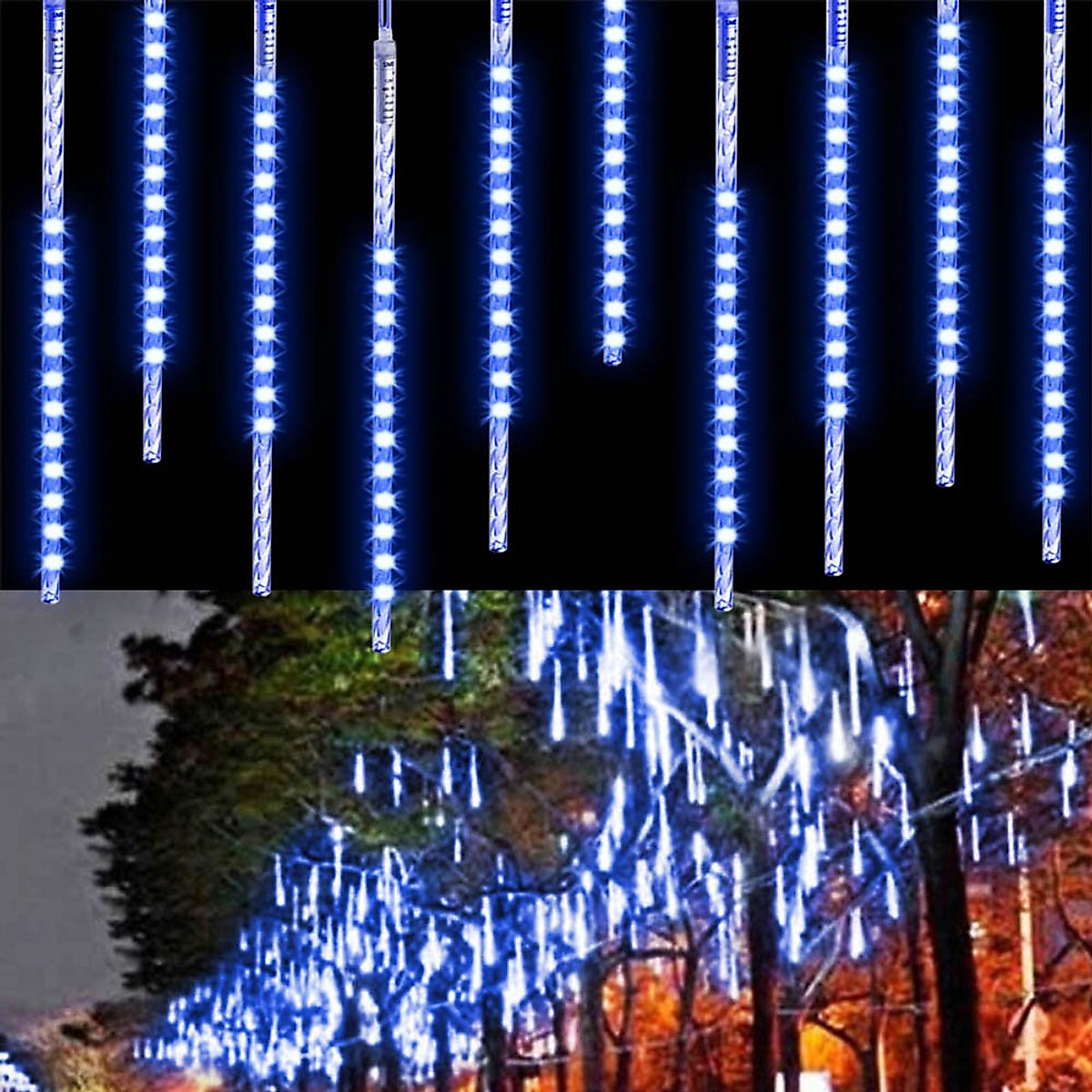 ohCome Meteor Shower Rain Drop Lights 50cm 10 Spiral Tubes 540 LEDs Waterproof Icicle Snowfall String Lights for Wedding Christmas Halloween Garden Tree Home Decor, Support 2 Sets Hook (Blue)