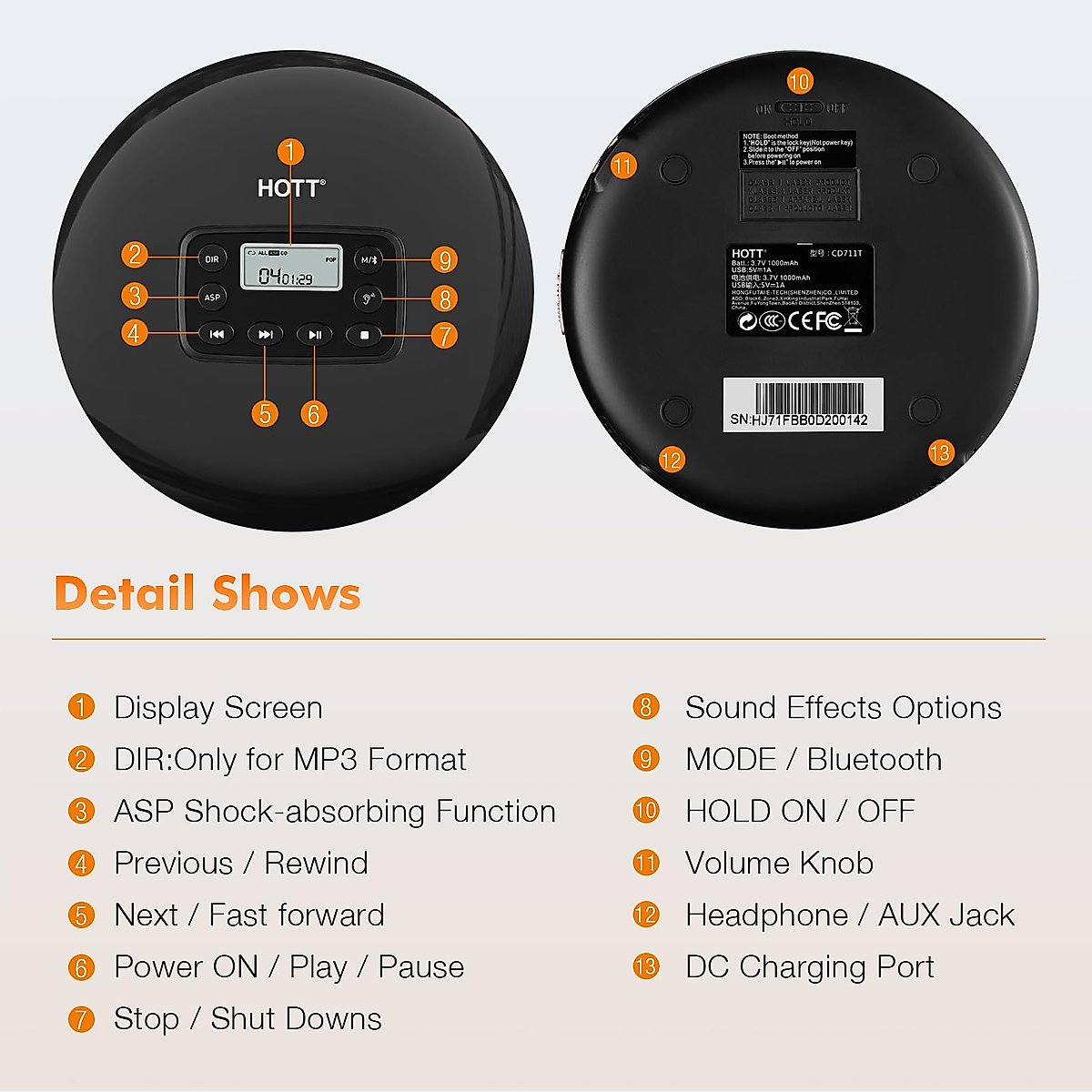 HOTT CD Player Portable with Bluetooth, Portable CD Player, CD-R,MP3 USB Rechargeable Walkman CD Player with Headphones and AUX Cable for Car Travel, Discman CD Player with Shockproof （CD711T）