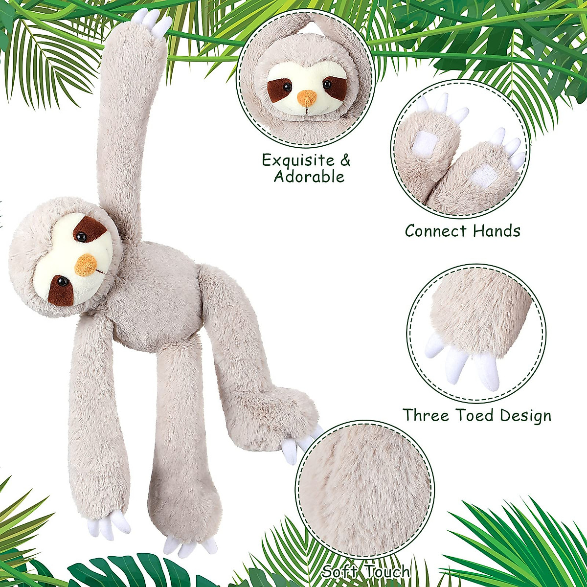 Hanging Sloth Stuffed Animals 18 Inch Three Toed Sloth Plush Toy with Hook and Loop Hands Hanging Sloth Toy for Boys Girls Bedroom Animal Themed Birthday Party Favors Decoration (4 Pcs)