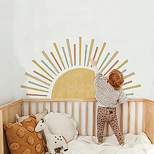 astrkiz Large Boho Half Sun Wall Decals Peel and Stick, Watercolor Pastel Sun Decal Sunrise Wall Murals Stickers, Sunshine Wall Stickers for Kids Room Playroom Nursery Bedroom, 48.07" x 24.82"