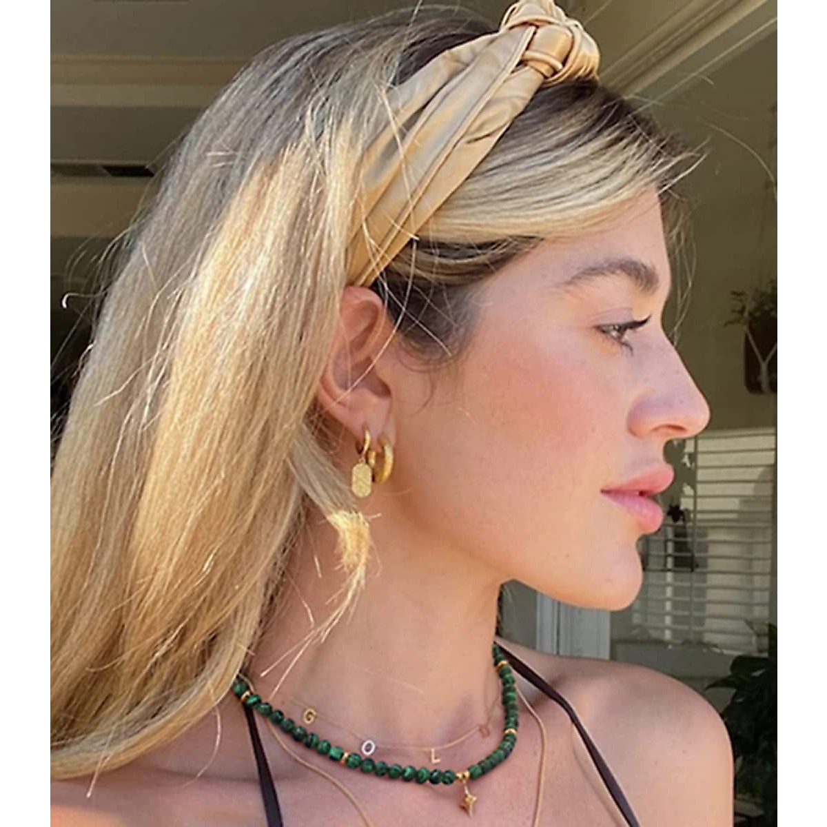 PEARLADA Boho Malachite Beaded Choker, Chakra Gemstone Necklace for Women, 18k Gold Star Charm Pendant Necklace