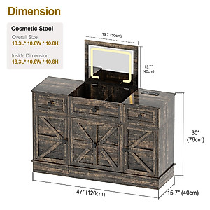 MDGC 3 in 1 Vanity Desk with Mirror and Lights, Farmhouse Dressing Table with Charging Station, Makeup Vanity Table with 3 Drawers Dresser, Adjustable Shelves & Hidden Stool for Bedroom, Dark Oak