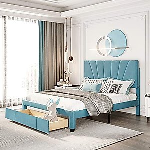 Lifeand Queen Size Storage Bed Velvet Upholstered Platform Bed with a Big Drawer - Blue