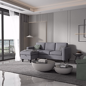 Light Grey Convertible Sectional Sofa Couch,3-Seat L-Shaped Sofa with Reversible Storage Ottoman and Pockets,Modern Linen Fabric Upholstered Sofa Furniture Sets for Living Room Small Space Apartment