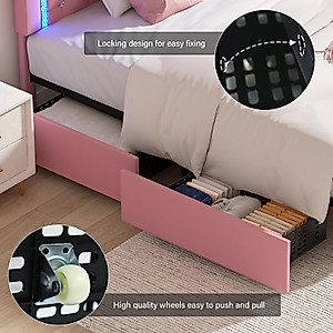 Queen Size Bed Frame with LED Lights, Upholstered Platform Bed with Storage Drawers, Princess Bed with Diamond Headboard and Footboard, No Box Spring Needed, Easy Assembly, Pink