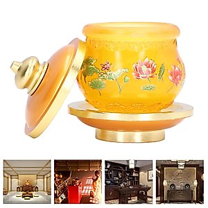 Altar Cup, Holy Water Offering Cup Buddhist Temple Water Bowl Buddhist Worship Cup Lotus Printed Offering Cup with Tray for Home, Temple