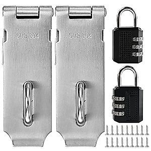 2 Pack Door Locks Hasp Latch 4Inch Stainless Steel Security Door Clasp Hasp Lock Latch with 3 Digit Padlock Combination Lock Outdoor Waterproof Safety Hasp Lock with 18Pcs Screws Brushed Finish