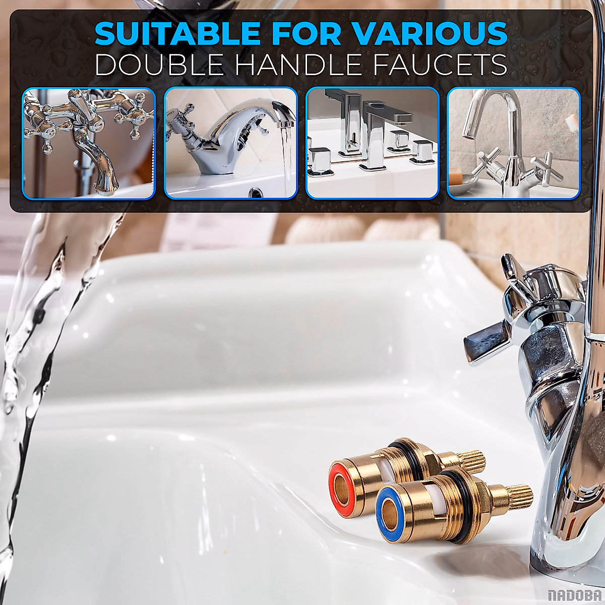 Brass Bathroom Sink Faucet Valve Stem - 2Pcs Hot and Cold Ceramic Disc Stem Quarter Turn 1/2,50mm x 10mm Spline Length 20 Teeth Bathroom Faucet Cartridge Replacement - Bathroom Faucet Stem Replacement