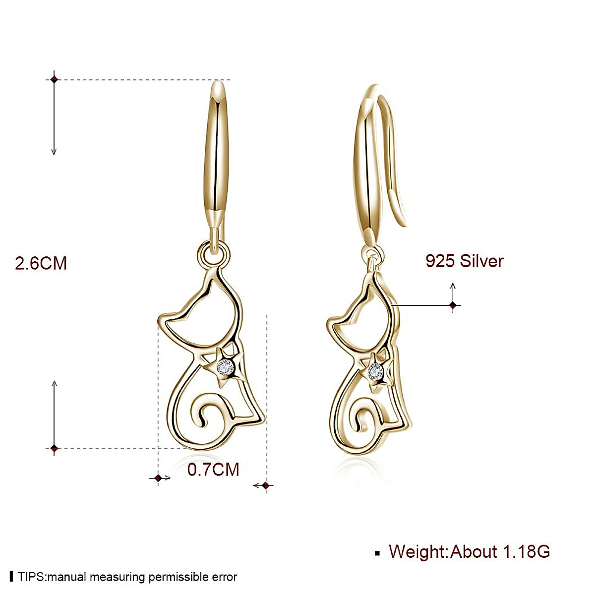 New Cat CZ Dangle Drop Earrings for Women Teen Girls Crystal Cute Dangling Hypoallergenic (Gold)