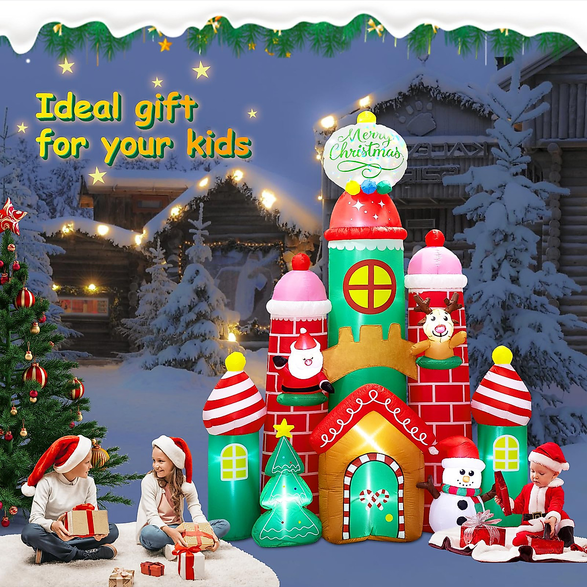 JUZISHU 11FT Height Giant Christmas Inflatables Decorations Candy Castle Santa Santa Reindeer Snowman Blow Ups Yard Decoration Rotating LED Lights Décor Holidayxmas Eve Party Indoor Outdoor Garden