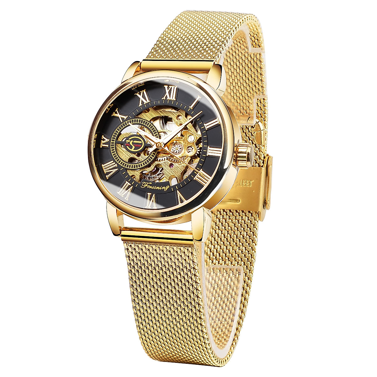 FORSINING Steampunk Watches Women's Skeleton Watch Golden Mechanical Watch for Women Minimalist Retro Design Staempunk Mechanical Skeleton Wrist Watch Transparent