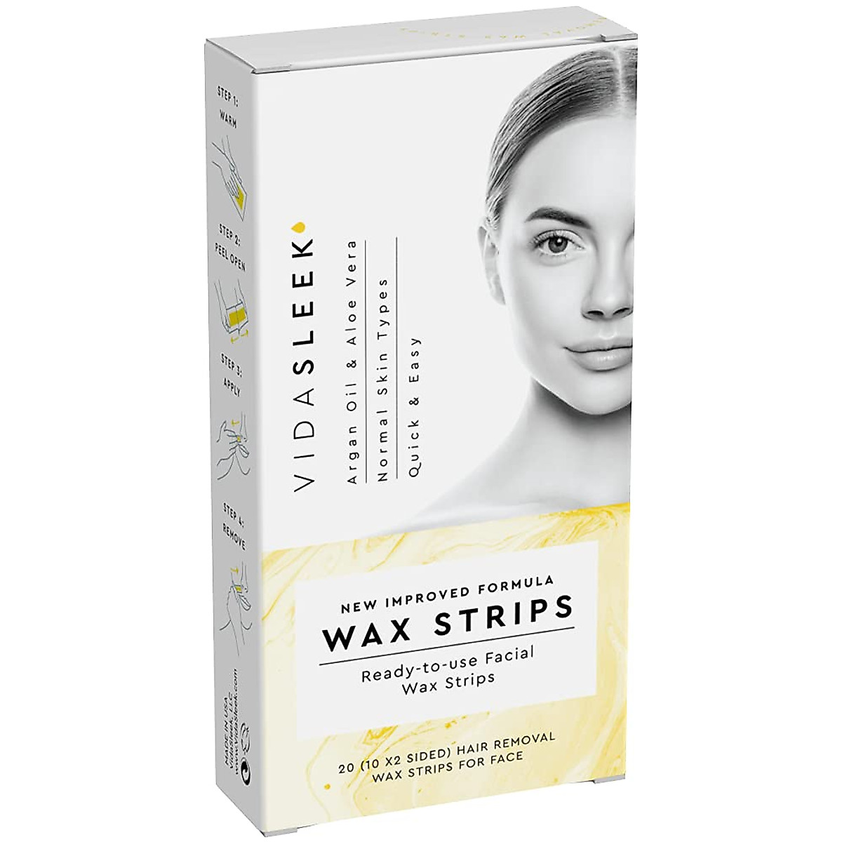 VidaSleek Hair Removal Wax Strips for Face: Argan Oil + Aloe Vera: 20 Count