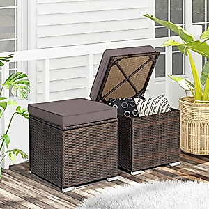 HAPPYGRILL 2 Piece Patio Ottoman Set Outdoor Wicker Stool with Storage, Rattan Footrest Ottoman with Solid Metal Frame and Cushion for Backyard Poolside Garden Balcony
