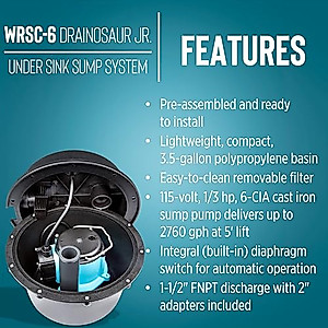 Little Giant WRSC-6 115-Volt, 1/3 HP, 2760 GPH Compact Under Sink Drainosaur Automatic Sump Pump/Basin System with 10-Ft. Cord, Black/Blue, 506065