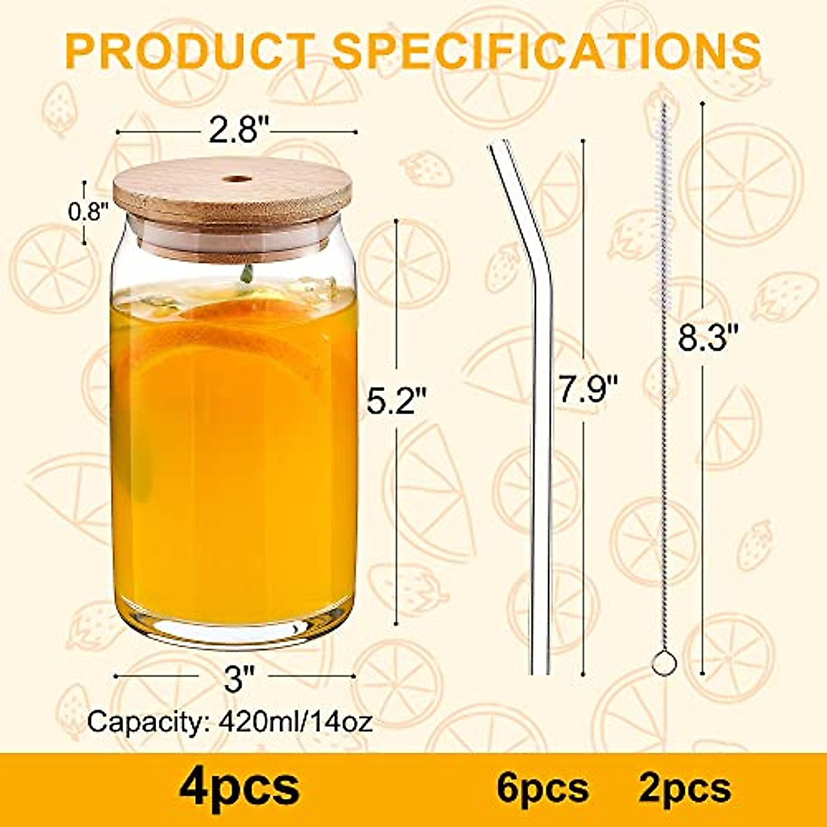 RLCOEUS Set of 4 Drinking Glass Cup with Bamboo Lids and 6 Glass Straws - Can Shape Beer Glasses for Smoothie, Whiskey, and Cocktails, 2 Cleaning Brushes
