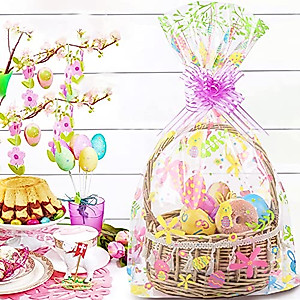 WeDoSoy 10 Pack Easter Basket Bags, Large Cellophane Bags, 22x32 Inches Cello Basket Bags Easter Eggs Bunny Wrap Bags with 10 Pieces Pull Bow, Cellophane Wrapping for Gift Packaging Party Decorations