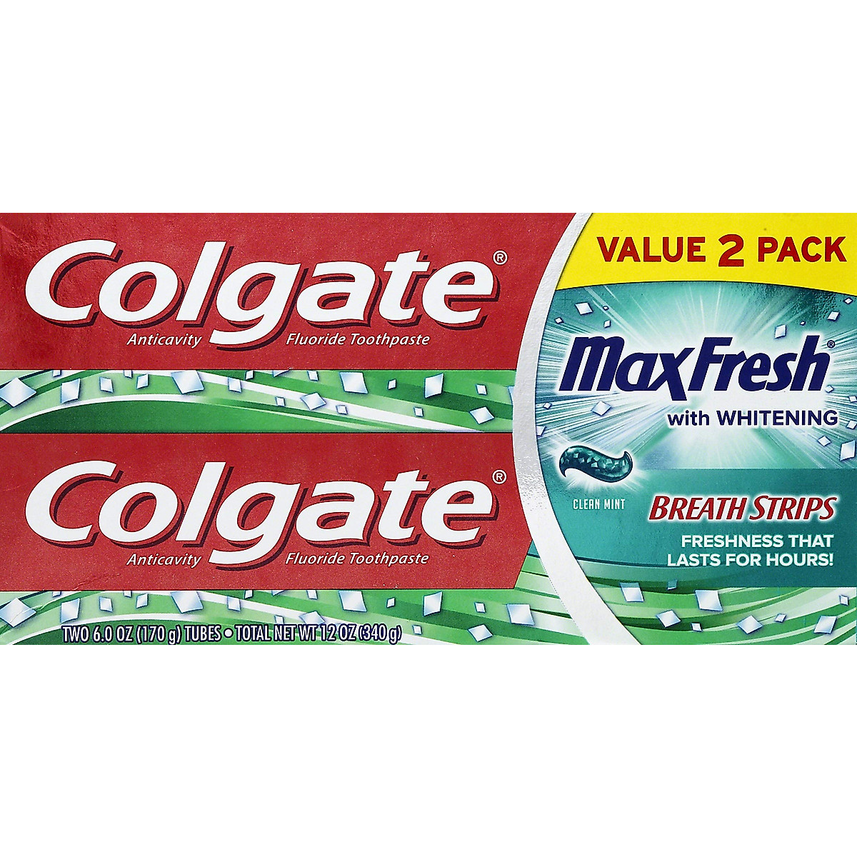 Colgate MaxFresh Clean Mint Toothpaste with Mini Breath Strips, 6 oz, (2 Tubes)