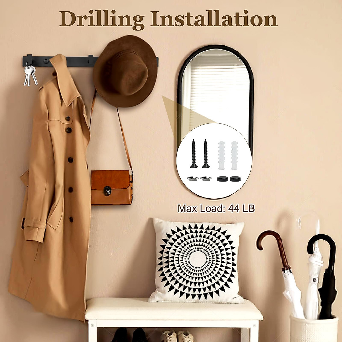 HOMEBROS Coat Rack Wall Mount, Black Metal Coat Rack with 5 Coat Hooks Heavy Duty Adhesive Coat Hanger Hooks Bag Hat Towel Rack for Entryway Bathroom Garage RV 2 Mount Ways