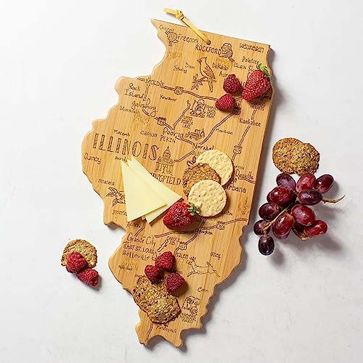 Totally Bamboo Destination Illinois State Shaped Serving and Cutting Board, Includes Hang Tie for Wall Display