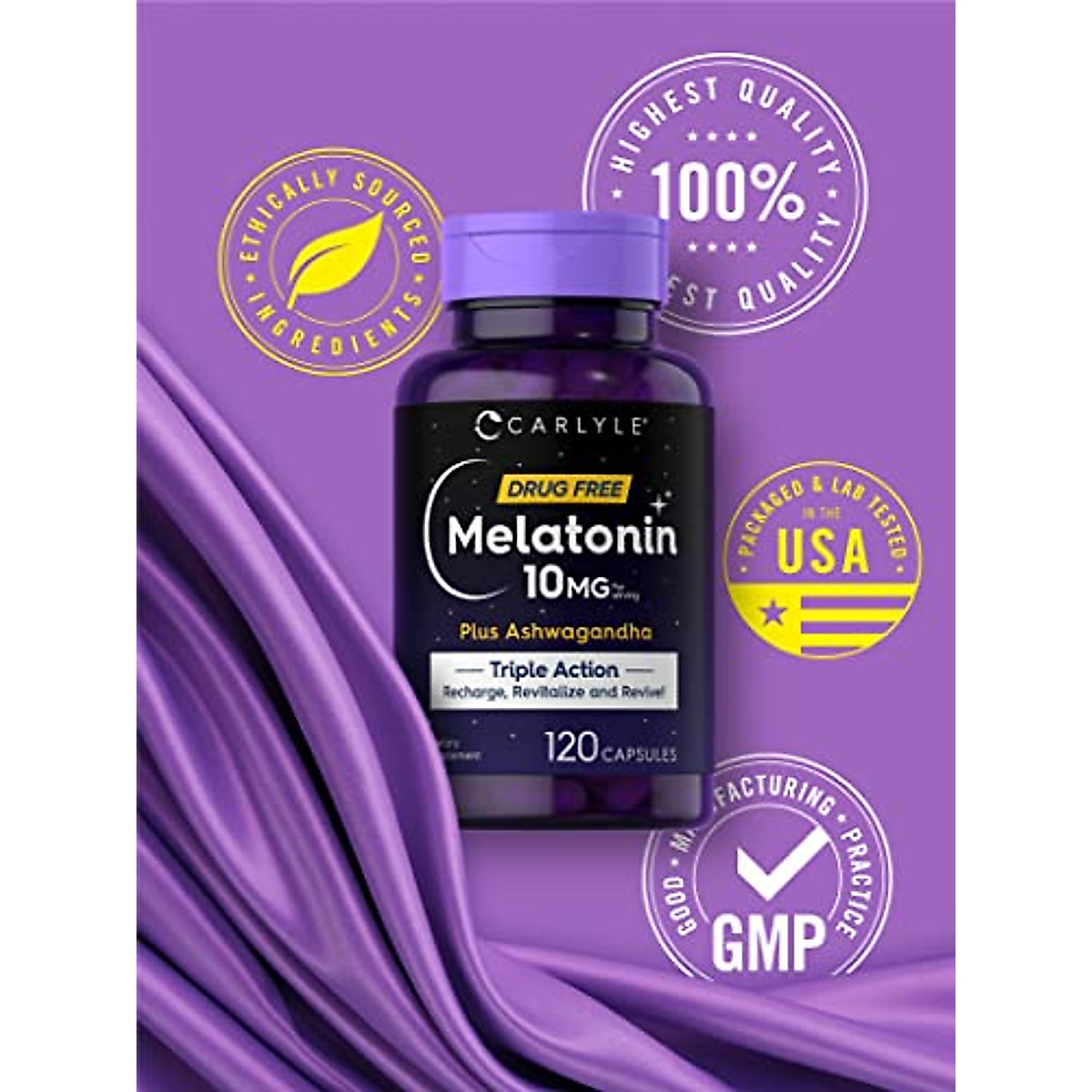 Melatonin 10mg | 120 Capsules | with Ashwagandha | Triple Strength Formula | Non-GMO, Gluten Free Supplement | by Carlyle