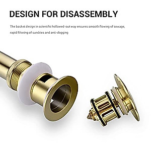 Pop Up Drain with Detachable Basket Stopper, Brass Overflow Bathroom Faucet Sink Drain with Built-in Anti-Clogging Strainer, Brushed Gold