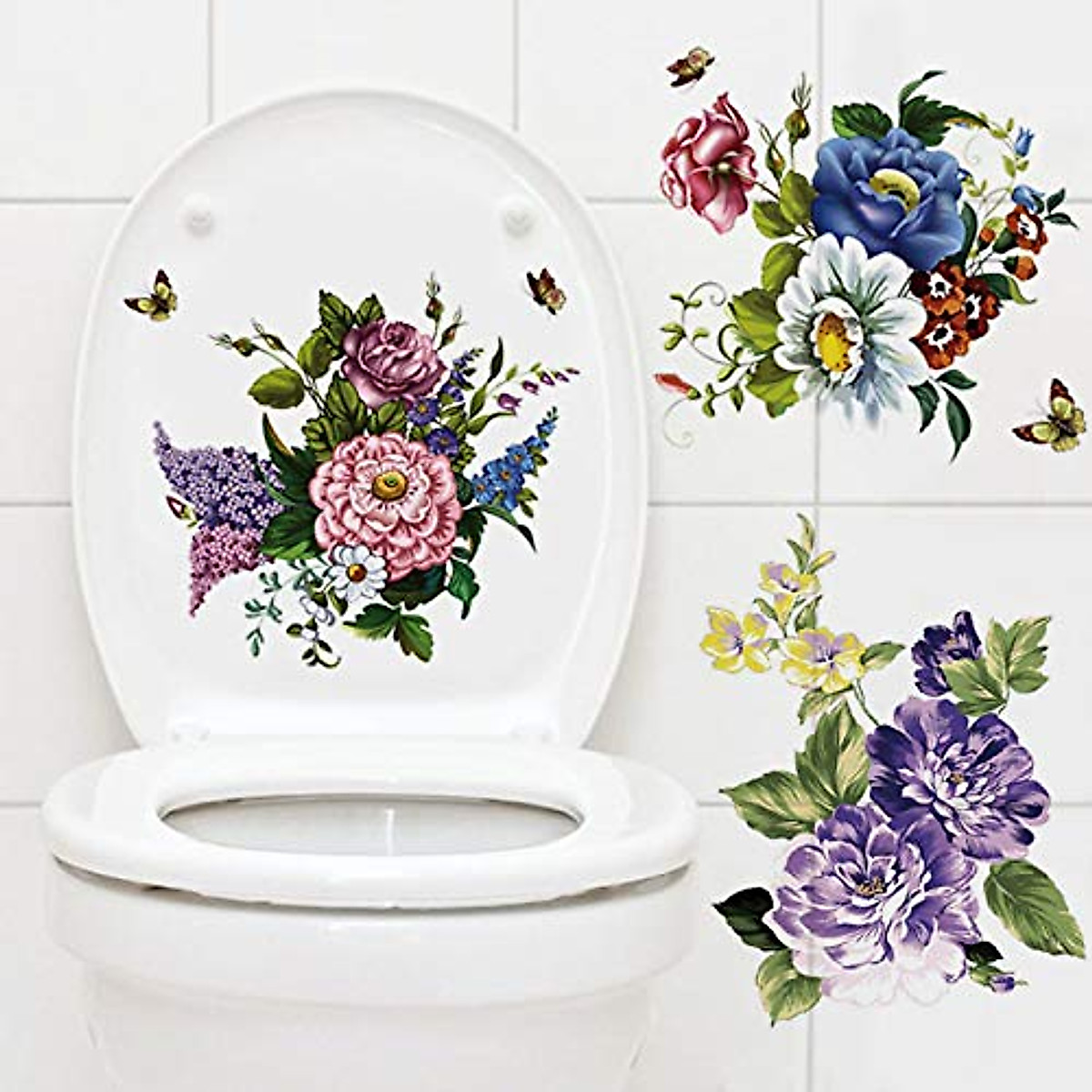 3Pcs Peony Rose Lavender Butterfly Flower Wall Stickers Beauty Flowers Decals Self Adhesive Removable Waterproof Vinyl Art Murals for Living Room Bedroom Toilet Restroom House DIY Decoration (Style D)