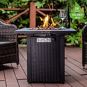 Hooseng Propane Fire Pit Table, 28 Inch Outdoor Gas Firepit 50,000 BTU with Lid and Lava Rock, Adjustable Flame Apply to Outside Patio, Garden, Backyard