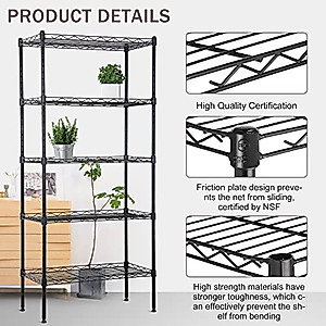 XXkseh 5 Tier Wire Shelving Unit Metal Storage Shelves Heavy Duty NSF Height Adjustable Commercial-Grade Storage Rack Garage Storage Pantry Shelves for Storage, Black
