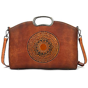 ah arctic hunter Genuine Leather Handbags for Women, Organizer Crossbody Bag Large Satchel Vintage Embossing Totem Shoulder Bag (brown)