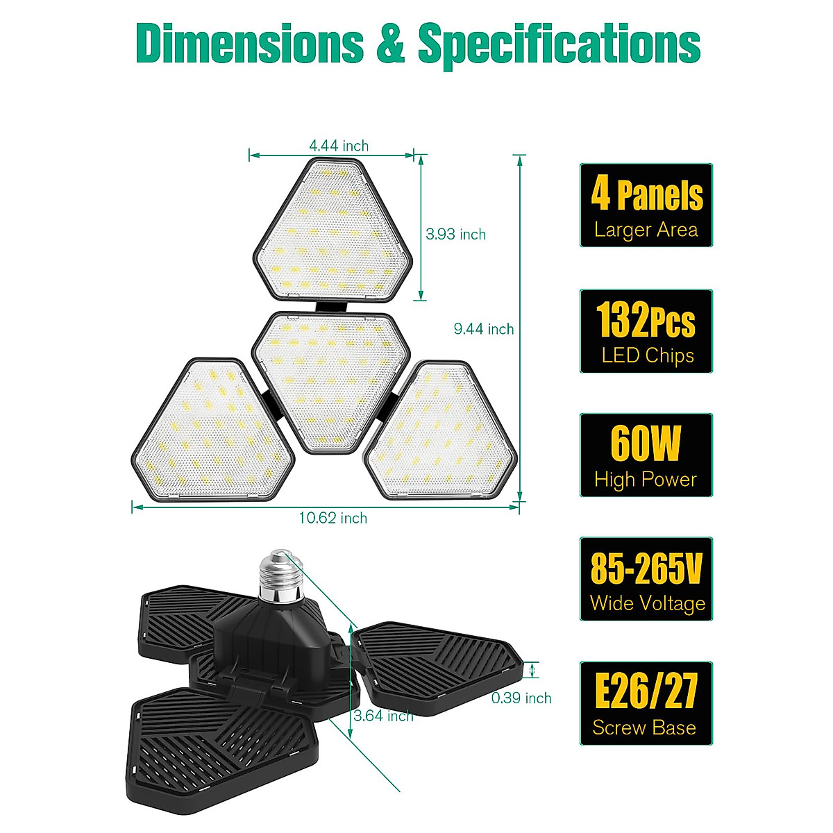 STODER Garage Lights Ceiling LED Adjustable Angles 120W 12000 Lumens 6500K Daylight Deformable Garage Ceiling E26/E27 Light Suitable for Garage Shop Basement Workshop (2Pack)