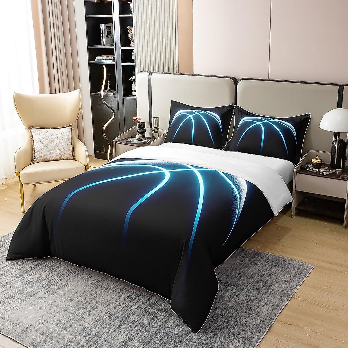 100% Natural Cotton Basketball Comforter Cover for Boy Young Man Sports Game Theme Duvet Cover Full Size Blue Lines Stripes Neon Lines Bedding Set Basketball Court Player Quilt Cover Black 3Pcs