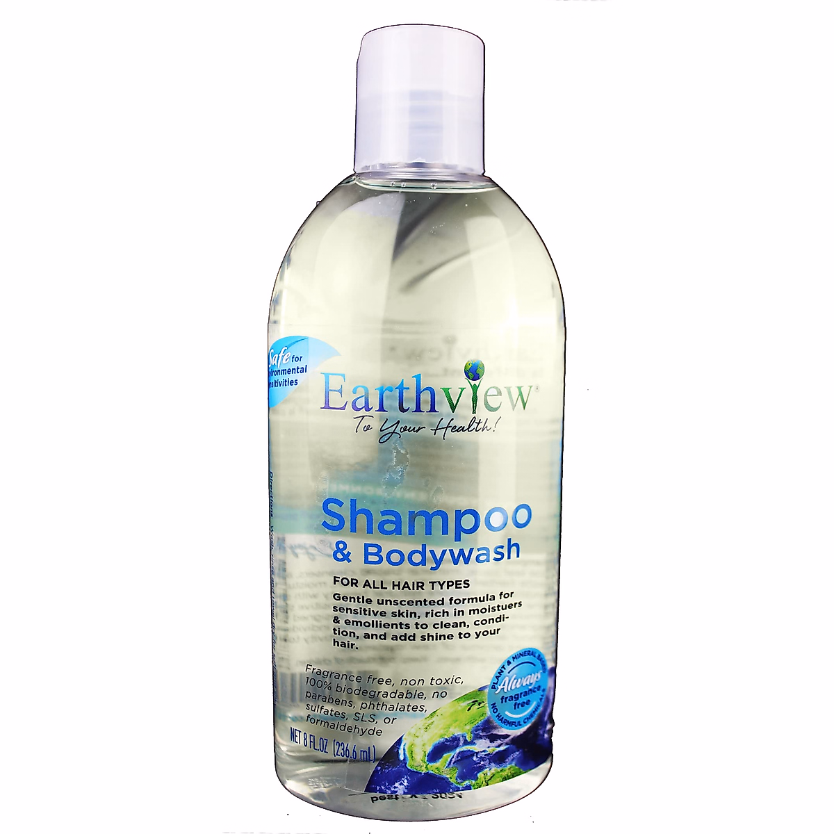 Earthview Fragrance Free Shampoo & Bodywash, 8 Fl Oz, All Hair Types- Designed for Environmental Sensitivities (MCS, EI, MI, Sulfate free, SLS free, Sensitive Skin, Unscented, Free & Clear, Naturally Derived, Eco-Friendly, Hypoallergenic)